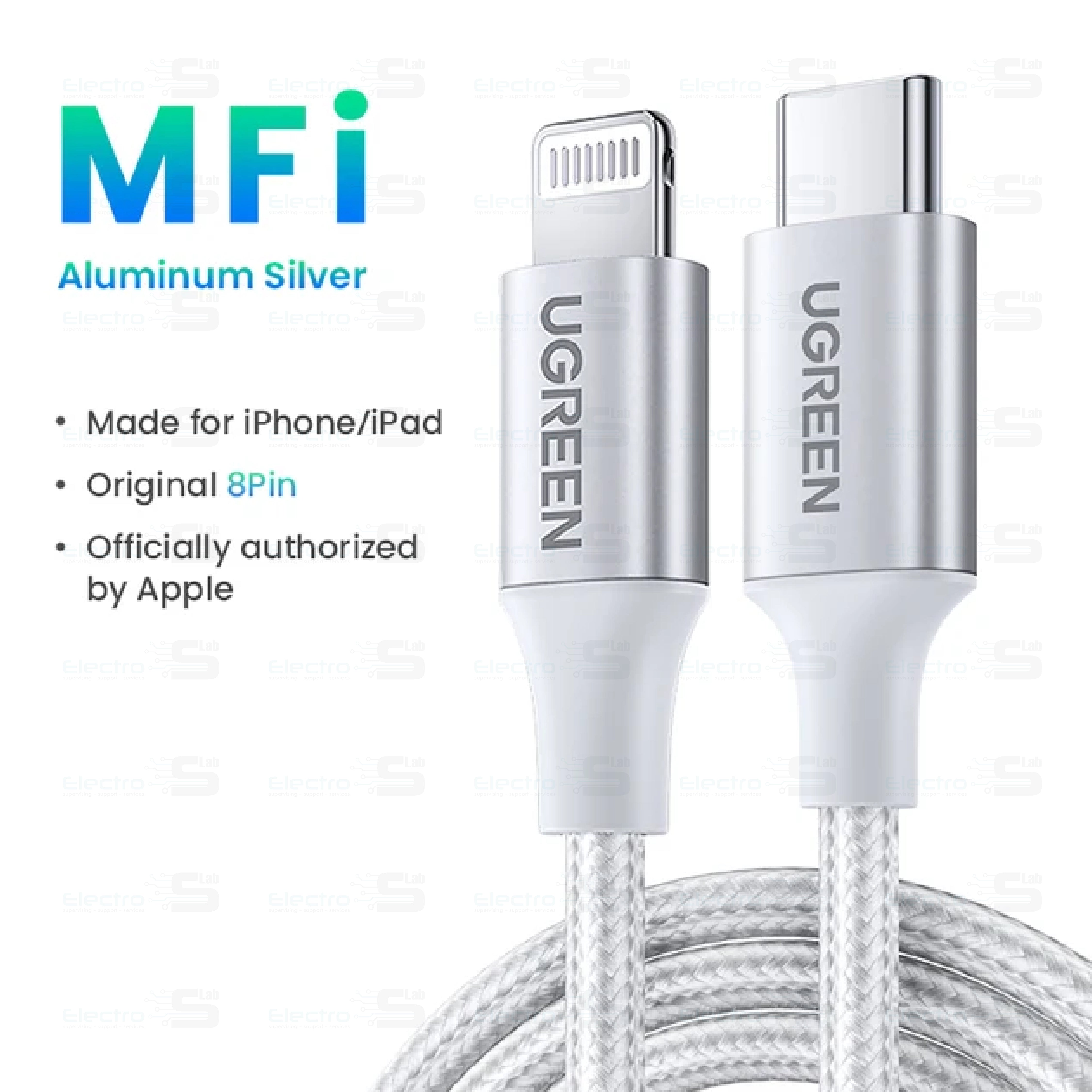 CABLE UGREEN US304- 70523 USB-C TO LIGHTNING 1M ALU/BRAIDED (SILVER ...