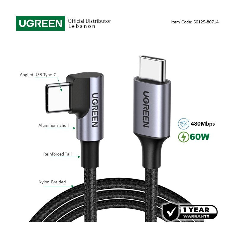 CABLE UGREEN US255 - 80714 USB C TO ANGLED USB C PD60W 3M ALU/BRAIDED ...
