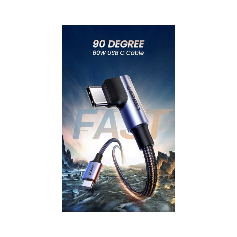 CABLE UGREEN US255 - 80714 USB C TO ANGLED USB C PD60W 3M ALU/BRAIDED ...